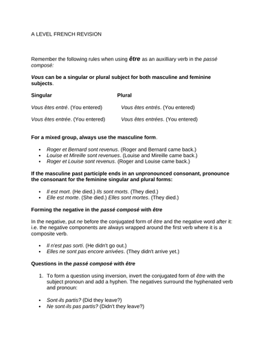A level French revision - grammatical rules with past tense verbs that ...