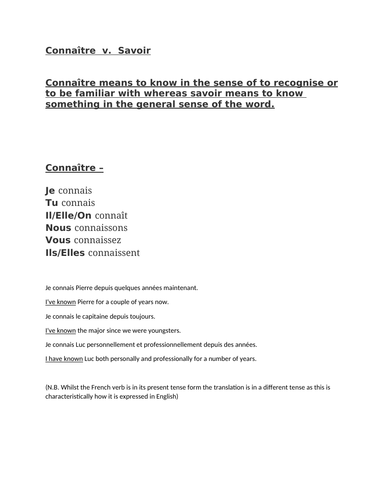 connaitre versus Savoir - French A level lesson plan / revision sheet ...