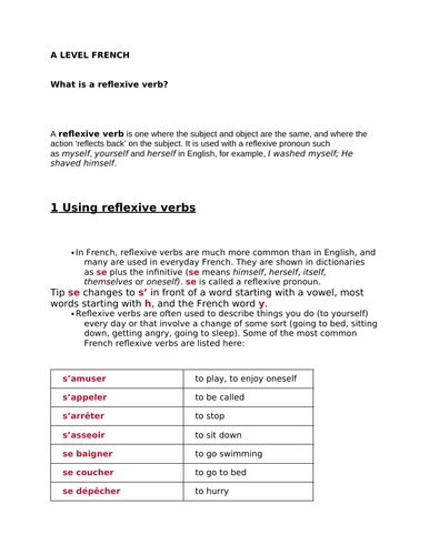 French A level worksheet on reflexive verbs - GCE FRENCH LANGUAGE AQA ...