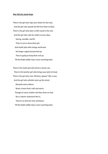Remembrance Day Poetry: Exploring Jessie Pope's War Girls (taking a ...