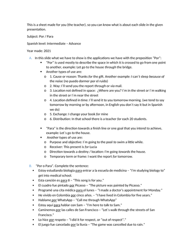 Teach Spanish "Por / Para" prepositions | Teaching Resources