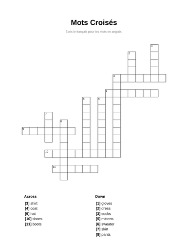 French Clothing Crossword | Teaching Resources