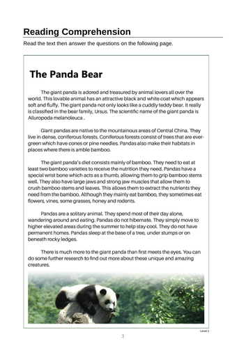 Giant Panda Reading Comprehension | Teaching Resources