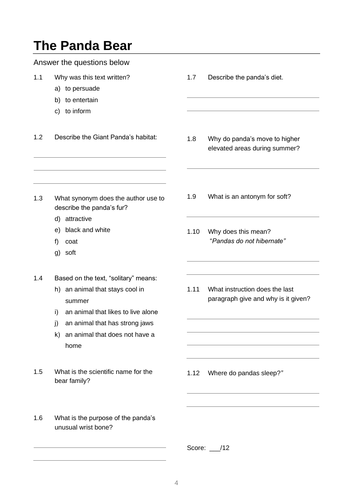 Giant Panda Reading Comprehension | Teaching Resources