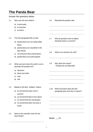 Giant Panda Reading Comprehension | Teaching Resources Giant Panda Reading Comprehension | Teaching Resources