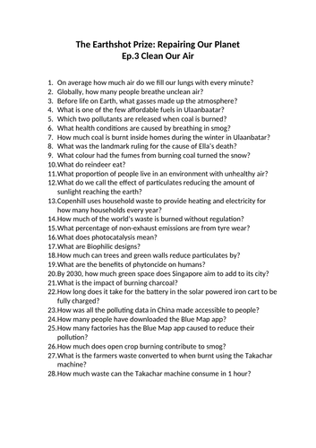The Earthshot Prize: Repairing Our Planet Ep.3 Worksheet | Teaching ...