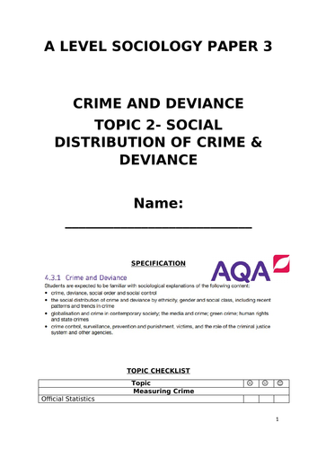 AQA A Level- Social Distribution of Crime Booklet and Handout ...