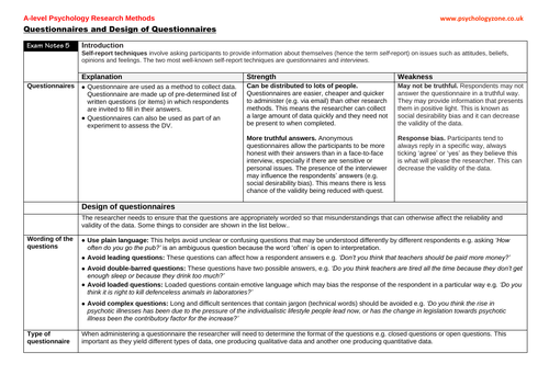 AQA Psychology: Research Methods: Learning Tables | Teaching Resources