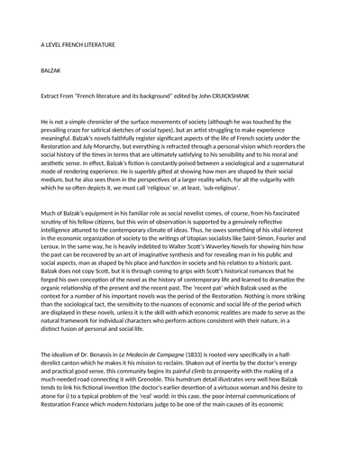 A LEVEL FRENCH LITERATURE 'BALZAK' an extract from 'French Literature ...