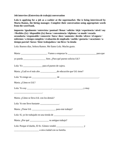 Entrevista de trabajo Reading conversation | Teaching Resources