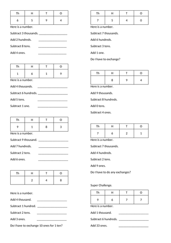 Adding Subtracting Thousands Hundreds Tens Ones | Teaching Resources