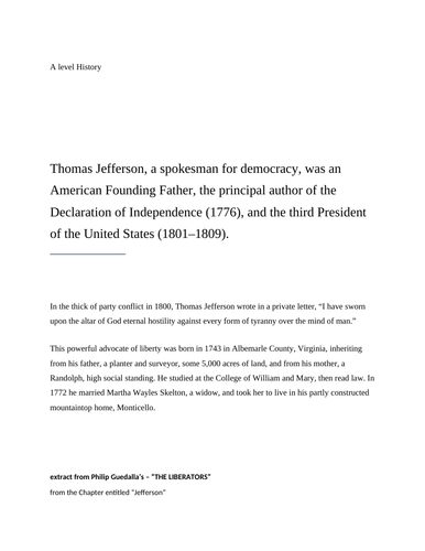 A LEVEL HISTORY THOMAS JEFFERSON AMERICAN PRESIDENT extract from "The ...