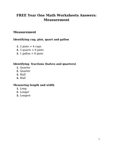 FREE Year One Measurement Worksheets | Teaching Resources
