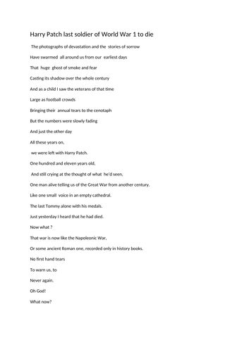 Remembrance poem Harry Patch by Johnnie Young | Teaching Resources
