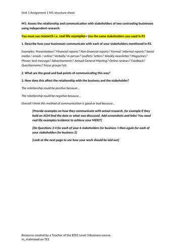 BTEC Level 3 Business: Unit 1 Exploring Business ALL STRUCTURE SHEETS ...