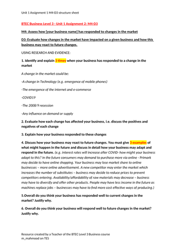 BTEC Level 3 Business: Unit 1 Exploring Business ALL STRUCTURE SHEETS ...