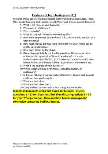 BTEC Level 3 Business: Unit 1 Exploring Business ALL STRUCTURE SHEETS ...