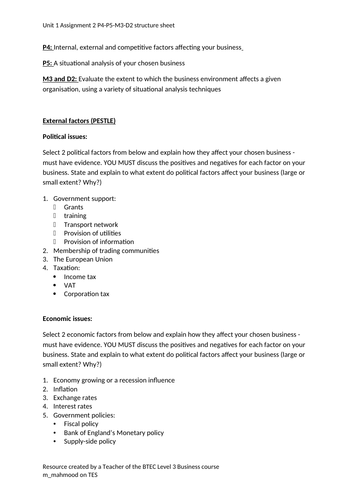 BTEC Level 3 Business: Unit 1 Exploring Business ALL STRUCTURE SHEETS | Teaching Resources