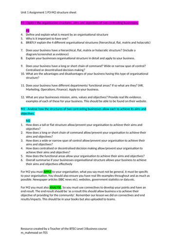 BTEC Level 3 Business: Unit 1 Exploring Business ALL STRUCTURE SHEETS ...