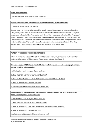 BTEC Level 3 Business: Unit 1 Exploring Business ALL STRUCTURE SHEETS ...