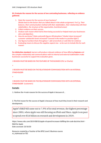 BTEC Level 3 Business: Unit 1 Exploring Business ALL STRUCTURE SHEETS ...
