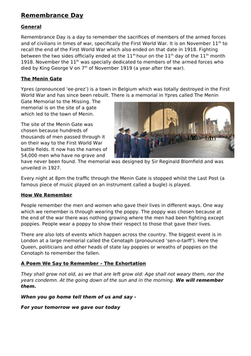 Remembrance Day Whole Class Reading | Teaching Resources