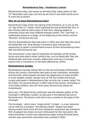 Remembrance Day Whole Class Reading | Teaching Resources