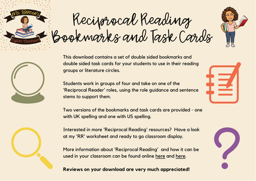 Reciprocal Reading Bookmarks and Task Cards - Reading Groups, Lit ...