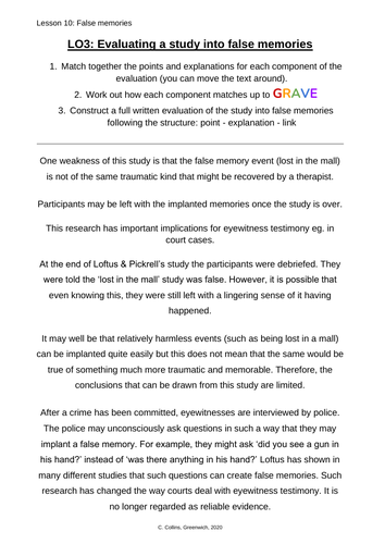 AQA GCSE Psychology - False memories (Memory Lesson 10) | Teaching ...