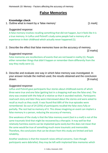 AQA GCSE Psychology - False memories (Memory Lesson 10) | Teaching ...