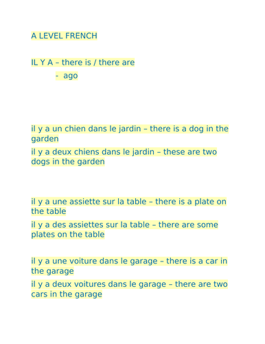 A level French lesson 'Il y a' and 'y a-t-il?' grammar/ vocabulary ...