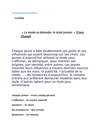 A LEVEL FRENCH discussing La Mode - various extracts from magazines ...
