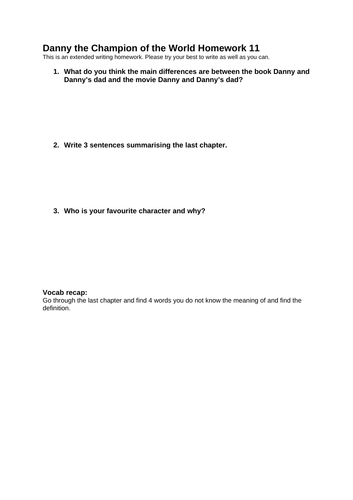Danny the Champion of the World Homework | Teaching Resources