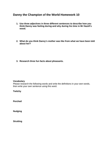 Danny the Champion of the World Homework | Teaching Resources