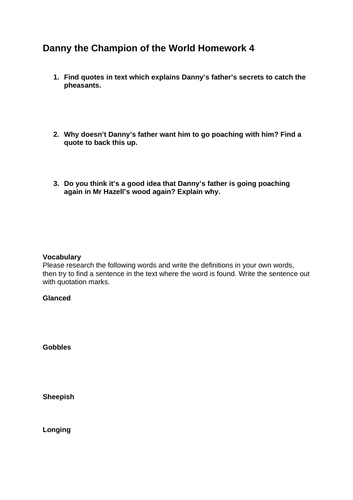 Danny the Champion of the World Homework | Teaching Resources