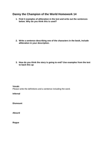 Danny the Champion of the World Homework | Teaching Resources
