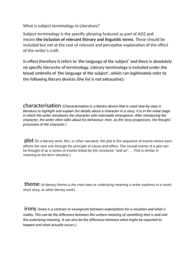 Lesson Plan A level English Literature Subject Terminology in ...