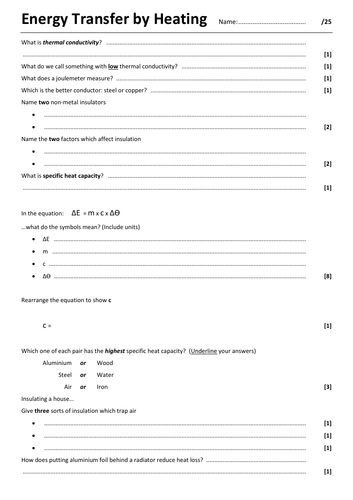 Topic 1: Energy Revision Questions and Answer Sheets | Teaching Resources