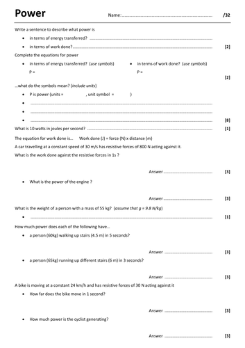 Topic 1: Energy Revision Questions and Answer Sheets | Teaching Resources
