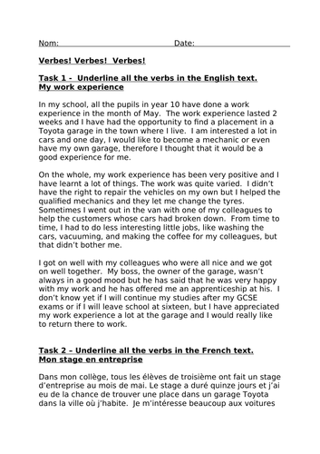 French GCSE Work experience verbs & tenses | Teaching Resources