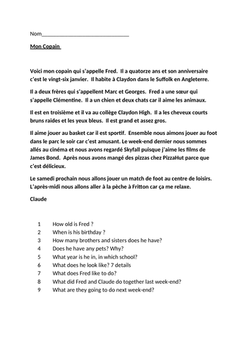 French Mon copain reading task | Teaching Resources