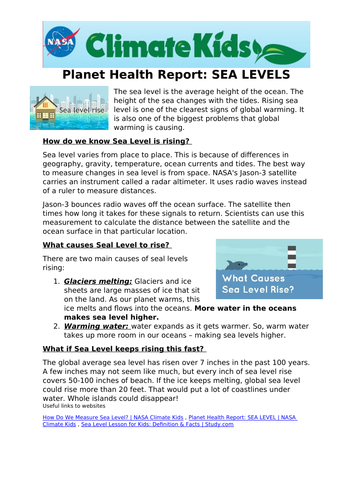Sea Levels rising Climate Change Comprehension task | Teaching Resources