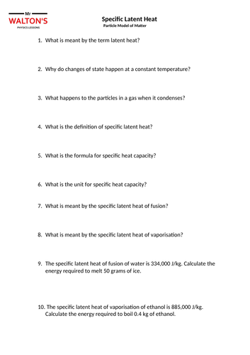 Specific Latent Heat for GCSE Science worksheet and video | Teaching ...