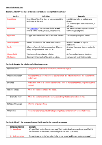 Year 10 Subject Terms Quiz | Teaching Resources
