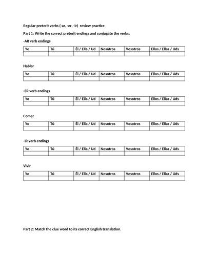 Regular preterit review practice | Teaching Resources