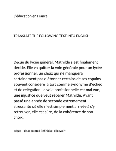 A LEVEL FRENCH TRANSLATION EXERCISE on 'education' vocabulary provided ...