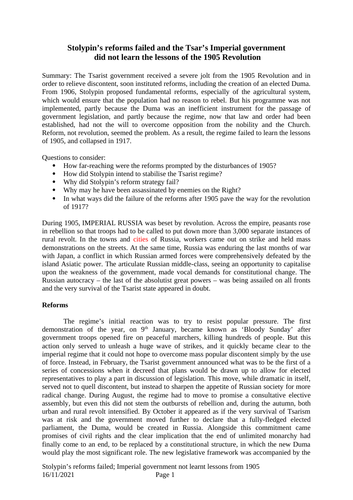 Stolypin -Reform and Repression | Teaching Resources