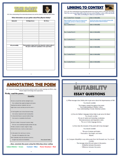Mutability - Percy Bysshe Shelley - Comprehension Activities Booklet ...
