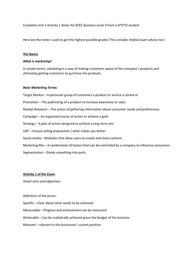 Btec Business Level 3 Unit 2 Developing a Marketing Campaign Revision ...