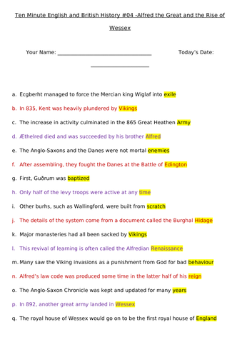 Alfred The Great - Summary Video Questions | Teaching Resources